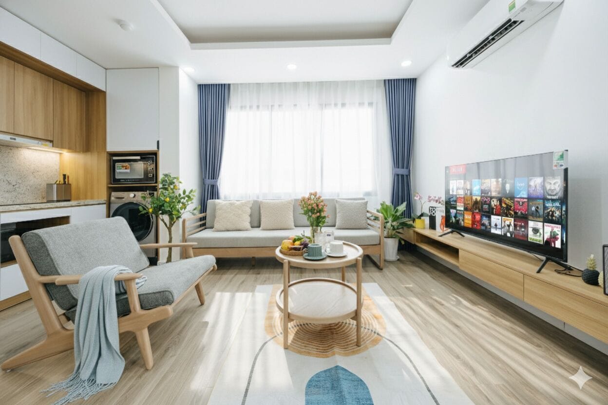 Uma sala de estar moderna com um sofá, uma mesa de centro, uma televisão e uma área de cozinha com armários e eletrodomésticos.