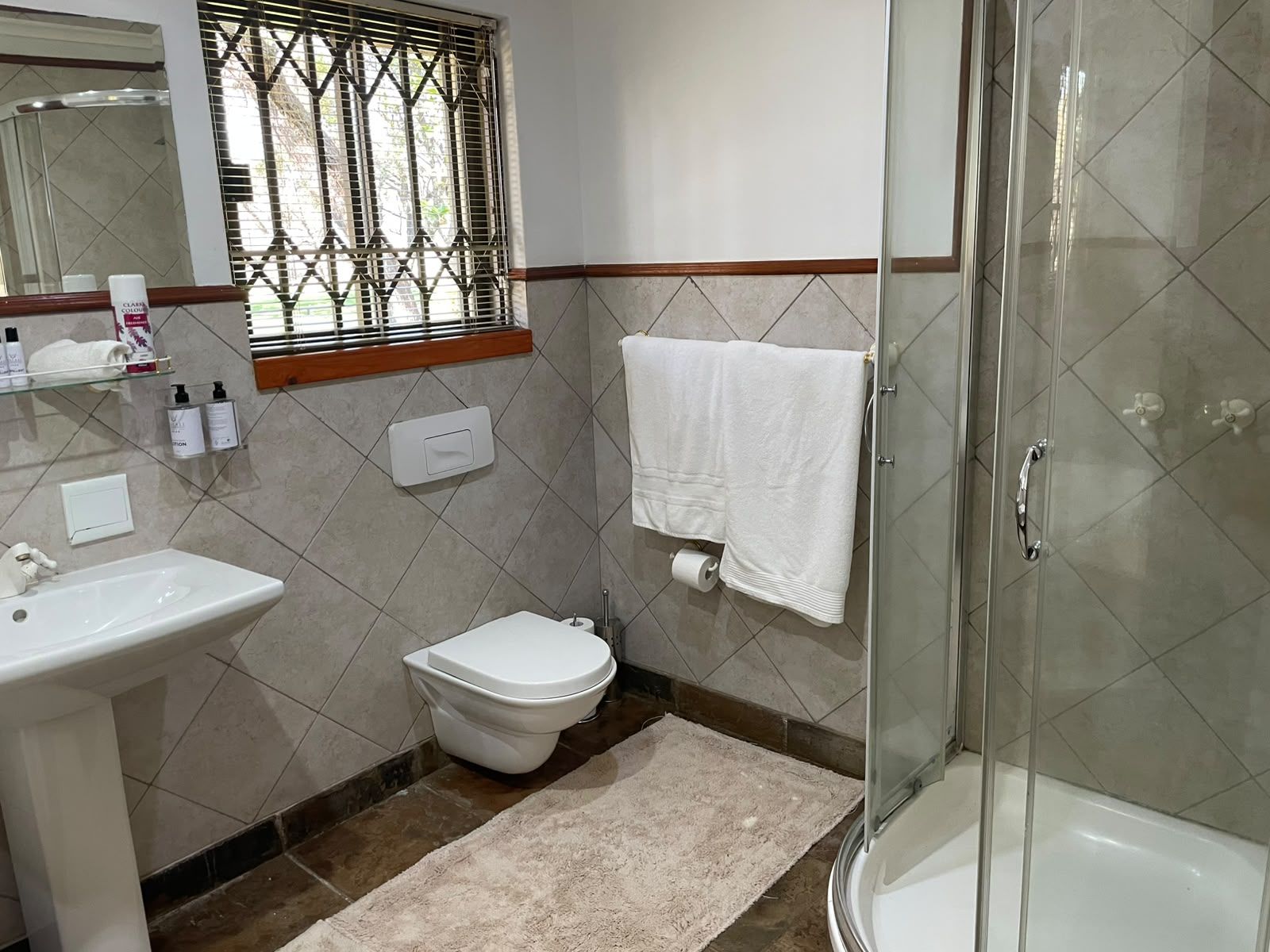 Casa de banho com cabine de chuveiro em vidro, lavatório branco, sanita e porta-toalhas.