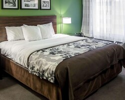 Cama bem arrumada com lençóis brancos e manta decorativa, mesa de cabeceira com abajur, e janela com cortinas finas.