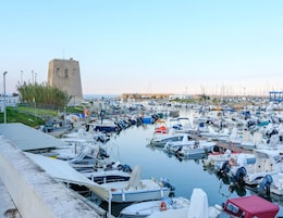 Uma marina com vários barcos atracados, um edifício grande ao fundo e um céu limpo.