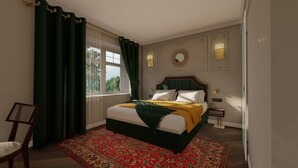 Quarto com cama, uma cadeira, mesa de cabeceira e janela com cortinas.