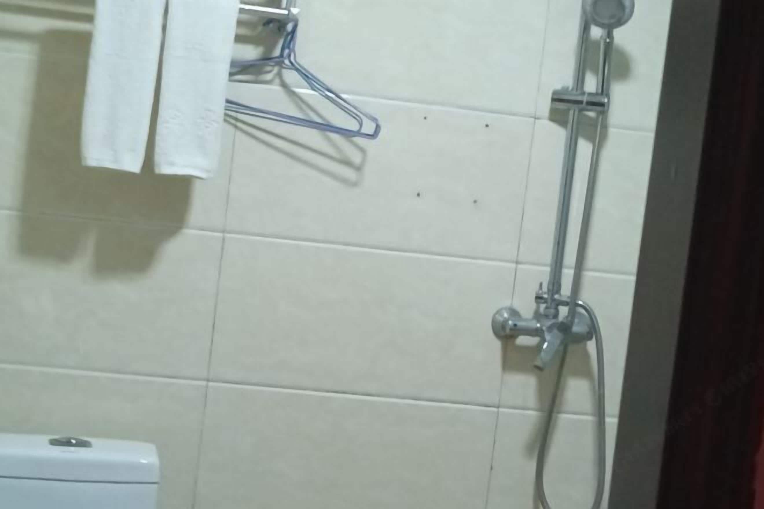 Uma casa de banho com sanita, suporte de toalhas e chuveiro.