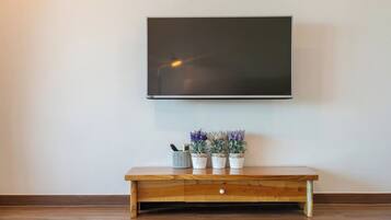 Televisão de tela plana fixada na parede acima de um banco de madeira com plantas em vasos.