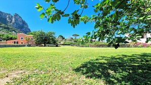 Um campo gramado com um edifício e uma montanha ao fundo.
