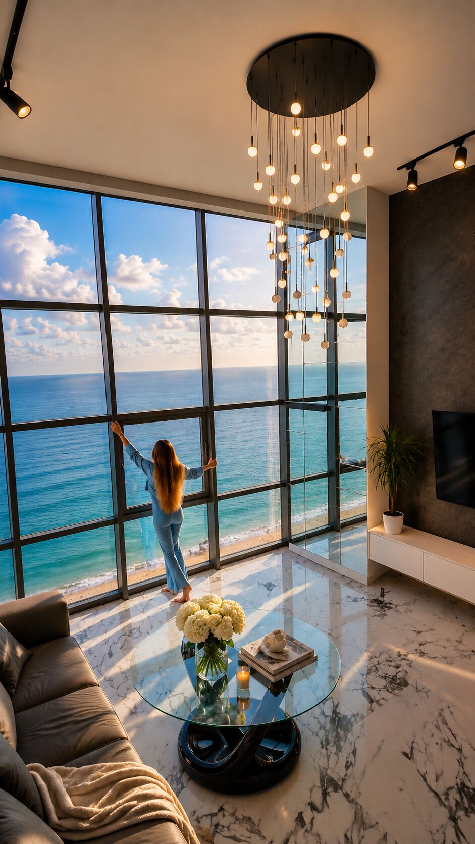 Uma sala de estar moderna com uma grande janela vista para o oceano, uma mesa de centro redonda de vidro e decoração minimalista.
