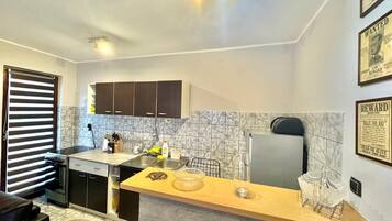 Apartamento Standard | Cozinha privada | Um frigorífico, uma chaleira elétrica, utensílios de cozinha