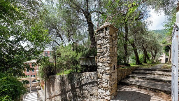 Uma escadaria de pedra leva a um edifício com guarda-corpo de metal, rodeado por árvores e vegetação.