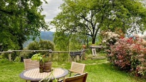 Uma mesa redonda com cadeiras e um vaso de planta em área externa gramada, com árvores e vista para montanhas ao fundo.