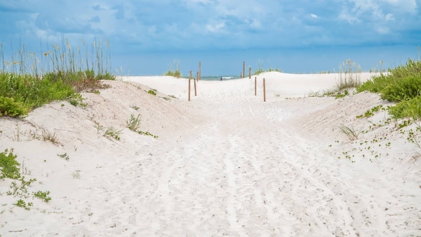 Caminho de areia que leva ao mar, com estacas de madeira e vegetação rasteira.