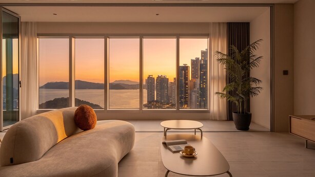 Uma sala de estar moderna com um sofá, uma mesa de centro e uma janela grande com vista para a cidade.