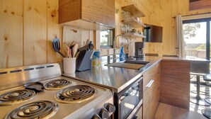 Cozinha moderna com paredes de madeira, eletrodomésticos de aço inoxidável e vista para o exterior.