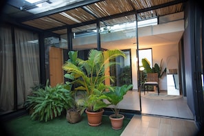 Um interior moderno com uma porta de vidro que dá para uma sala de estar, uma porta de madeira com a placa 'PANDORA' e diversos vasos com plantas.