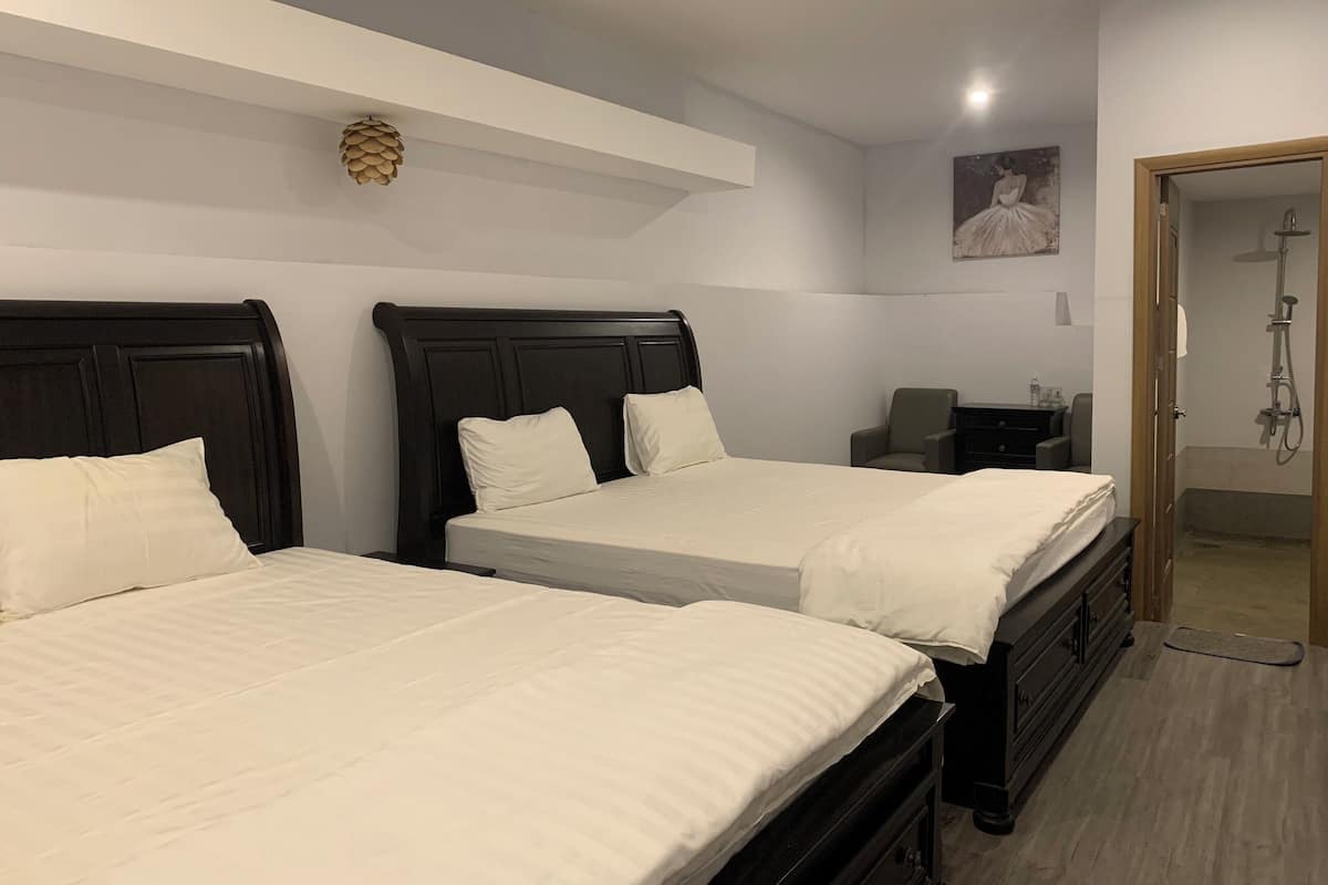 Quarto de hotel com duas camas, uma cadeira, uma escrivaninha e área de chuveiro.