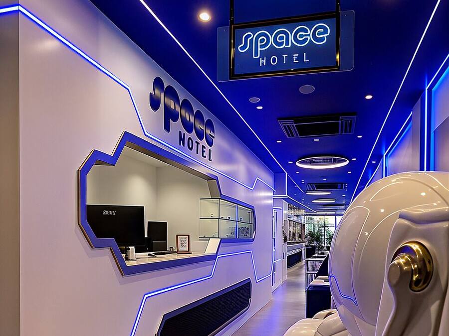Interior de um hotel futurista com uma receção, um grande ecrã digital e uma escultura robótica peculiar.