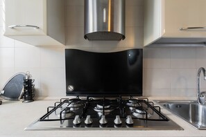 Apartamento | Cozinha privada | Um frigorífico, um forno, uma placa de cozinha 