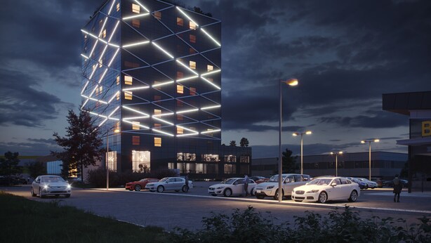 Um edifício moderno com fachada geométrica e vários espaços de estacionamento.