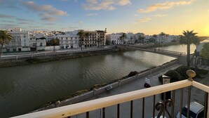 Vista do rio com edifícios, uma ponte e um corrimão.