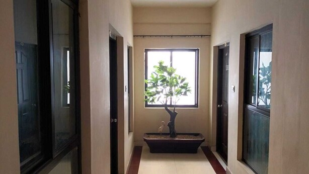 Um corredor com uma janela grande, um vaso de planta e uma porta à esquerda.