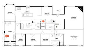 Planta baixa de um hotel, mostrando um quarto medindo 3,05 x 4,47 metros, uma cozinha, uma sala de jantar, uma sala de estar, um quarto principal, um espaço extra e um banheiro privativo.
