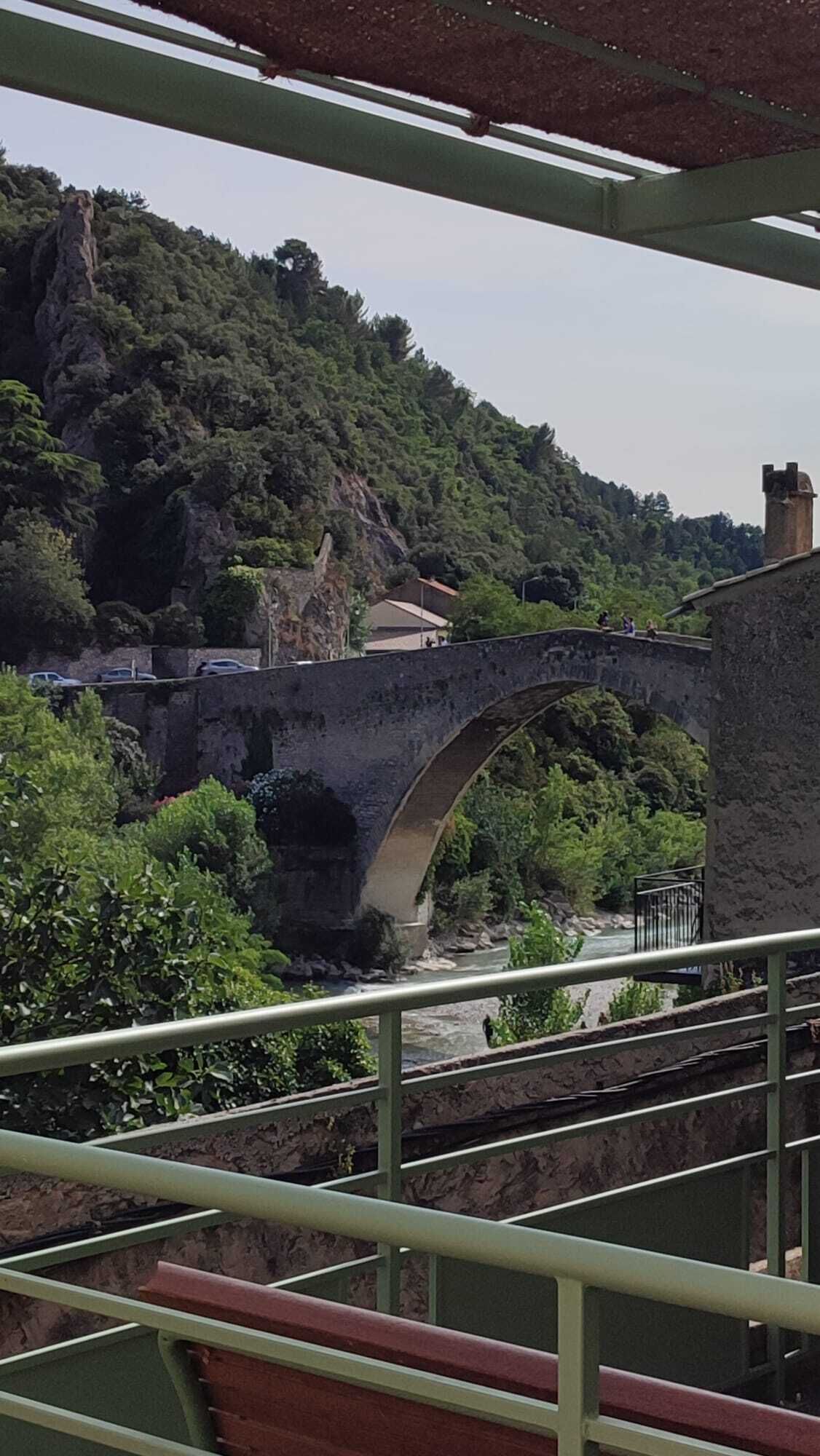 Uma ponte de pedra sobre um rio, com uma encosta arborizada ao fundo.