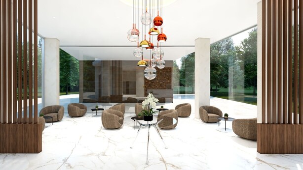 Um lobby moderno com piso de mármore, área de estar com sofás, planta central e luminária pendente.