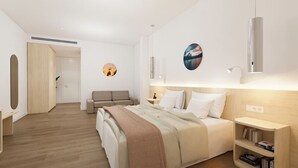 Quarto moderno com cama, mesas de cabeceira, estante e abajur fixado na parede.