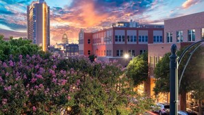 Paisagem urbana com edifícios modernos, uma estrutura em cúpula destacada e árvores floridas.