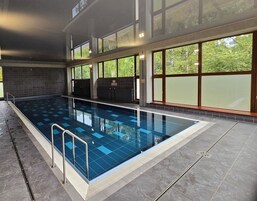 Piscina interior com chão em azulejo, grades de segurança e grandes janelas com vista para o verde.