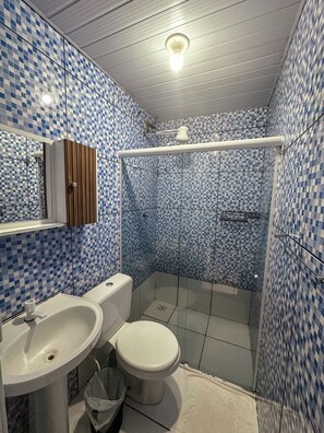 Chuveiro, toalhas de banho, papel higiênico 