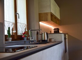 Apartamento Superior, vista para o jardim | Cozinha privada | Um frigorífico, um micro-ondas, um forno, uma placa de cozinha 