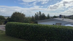 Um bairro residencial com uma sebe bem cuidada, uma casa com chaminé visível e um céu claro com algumas nuvens.