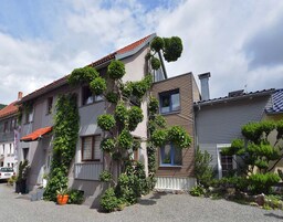 Uma casa de dois andares com telhado inclinado, uma pequena varanda e um jardim com diversas plantas.