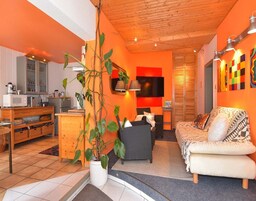 Uma sala de estar moderna com teto de madeira, televisão, sofá, área de refeições com micro-ondas e uma planta em vaso.