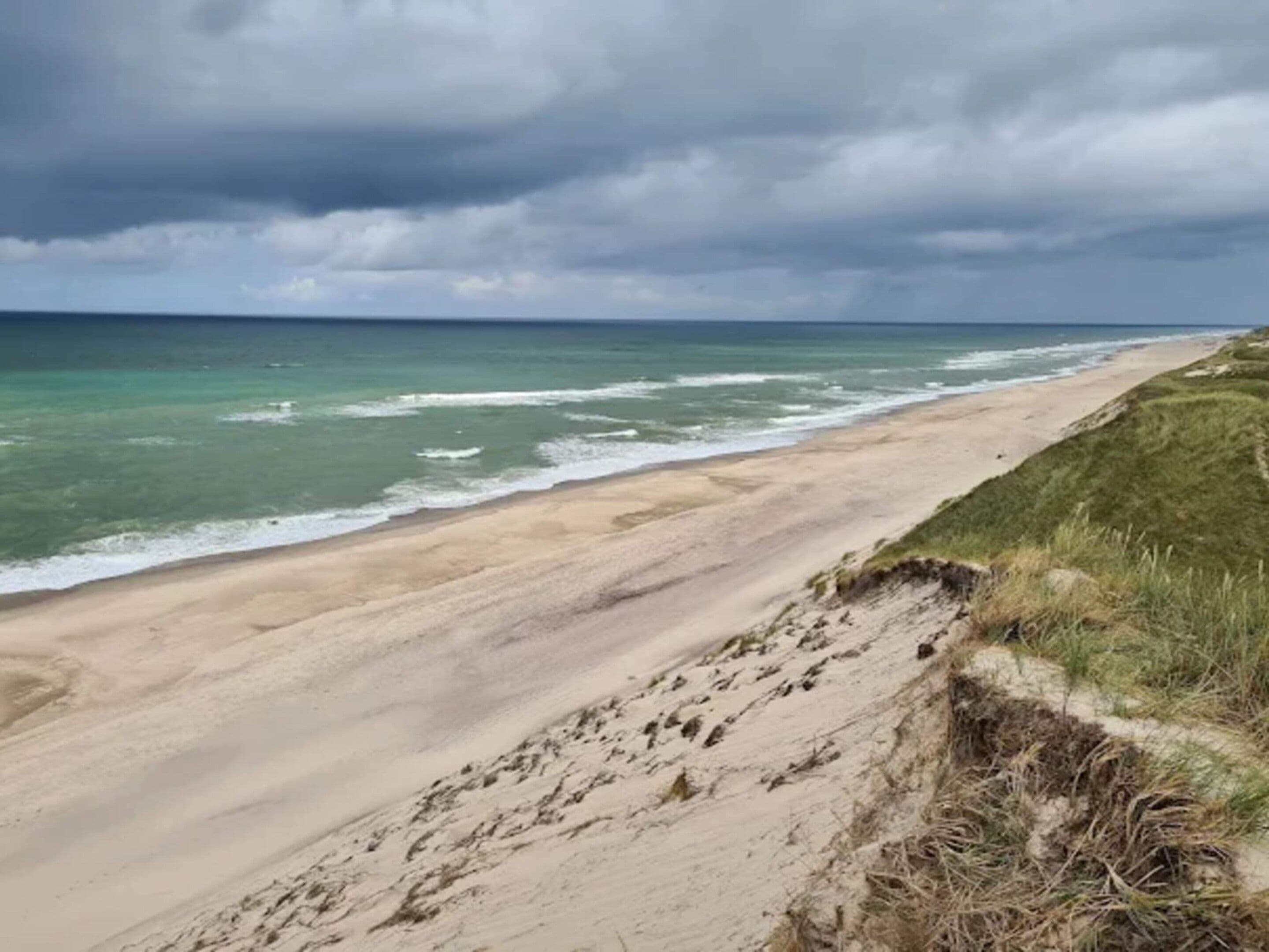 Uma praia com areal arenoso e dunas gramadas.