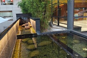 Uma fonte com pedras e uma planta de bambu em ambiente interno moderno.