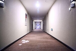 Corredor de hotel com pisos cobertos por carpete, quadros nas paredes e uma placa indicando o caminho para o elevador.