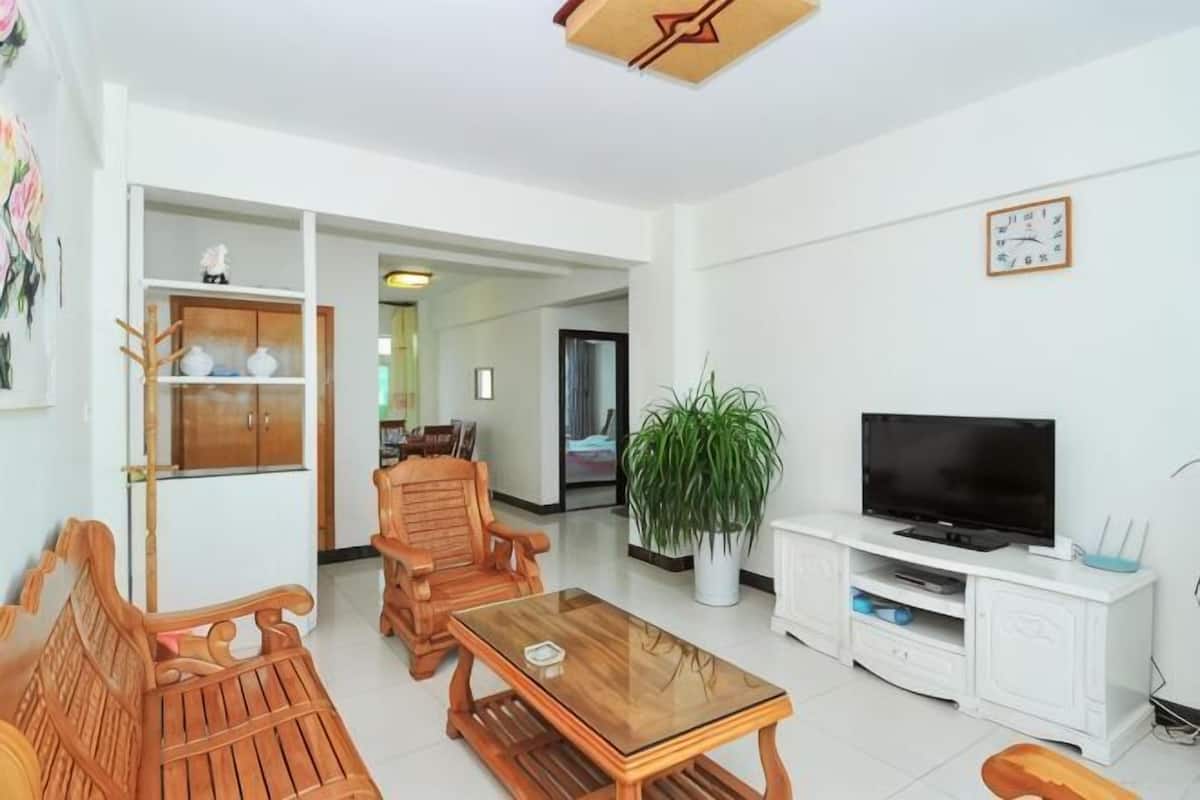 Uma sala de estar com televisão, móveis de madeira, uma planta e um armário branco.