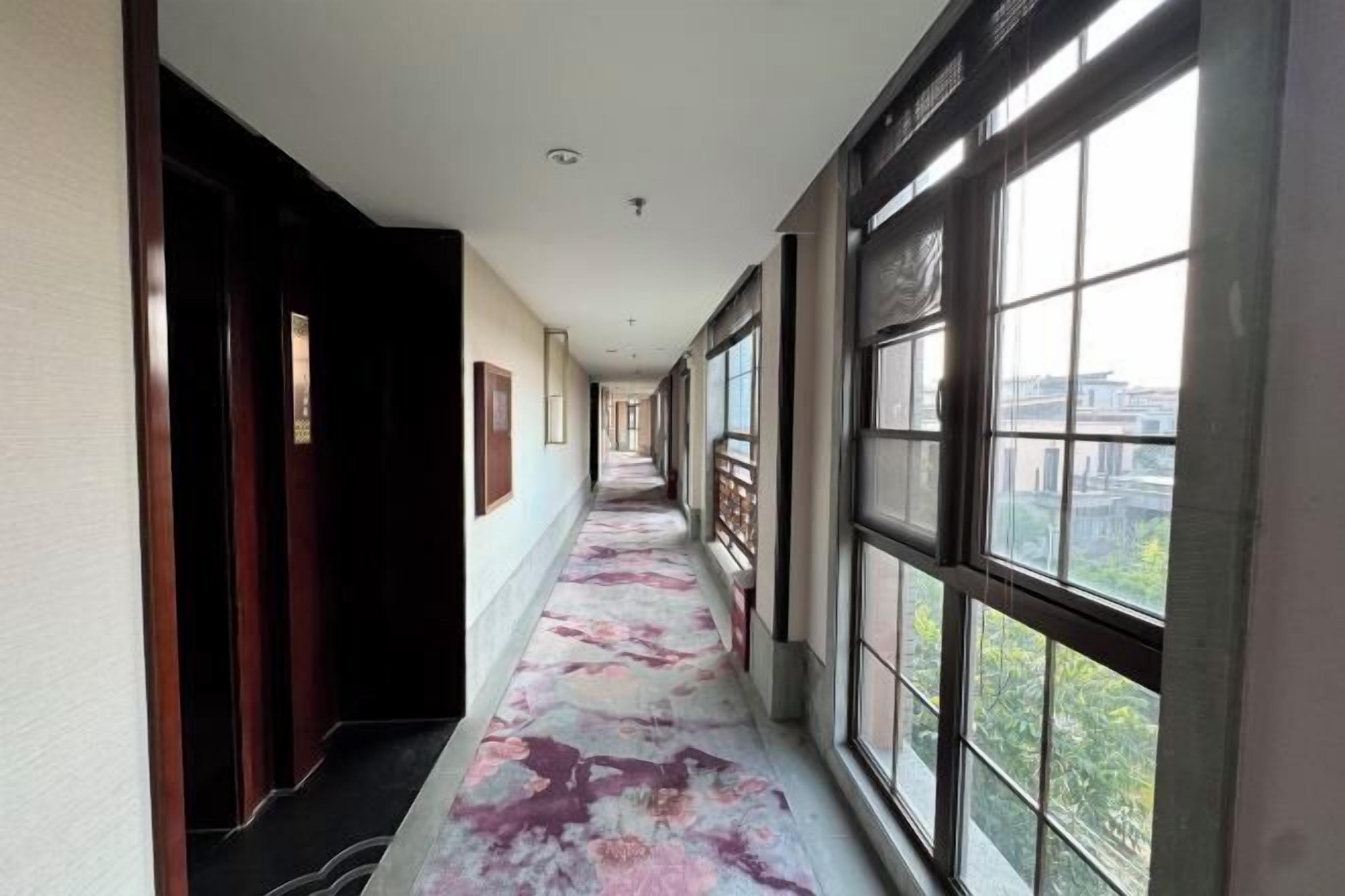Um corredor com amplas janelas, carpete estampado e portas à esquerda.