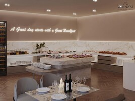 Um balcão de café da manhã moderno com bancada de mármore, uma luminária de neon e diversas opções de comida e bebida.