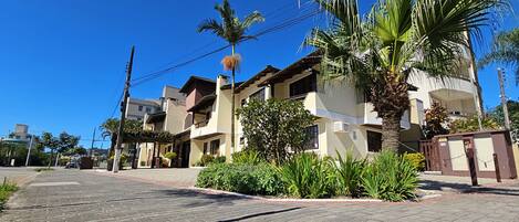 Rua residencial com casas, palmeiras e calçada pavimentada.