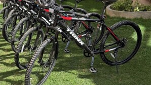 Uma fileira de bicicletas com capacetes, incluindo uma bicicleta preta e vermelha, e uma área gramada com árvores e um muro ao fundo.