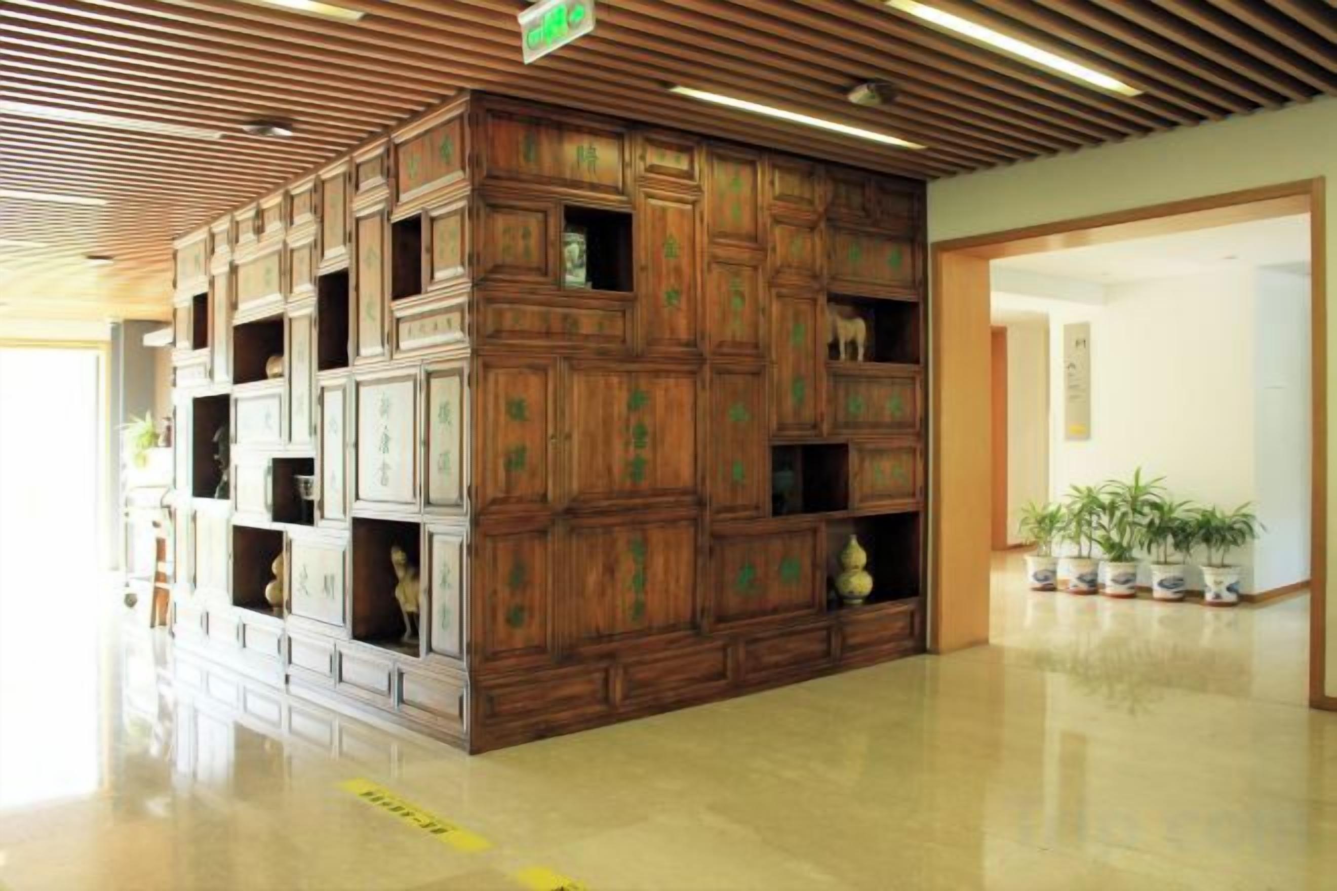 Um hall com uma estante de madeira e um vaso de planta.