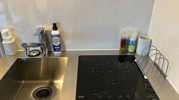 Um frigorífico/congelador grande, um micro-ondas, um forno