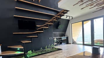Casa de Campo Deluxe, varanda, vista para a montanha | Sala de estar | Televisor, piso aquecido
