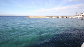 Vista costeira com um cais que se estende para o mar, barcos atracados e edifícios ao longo da costa.