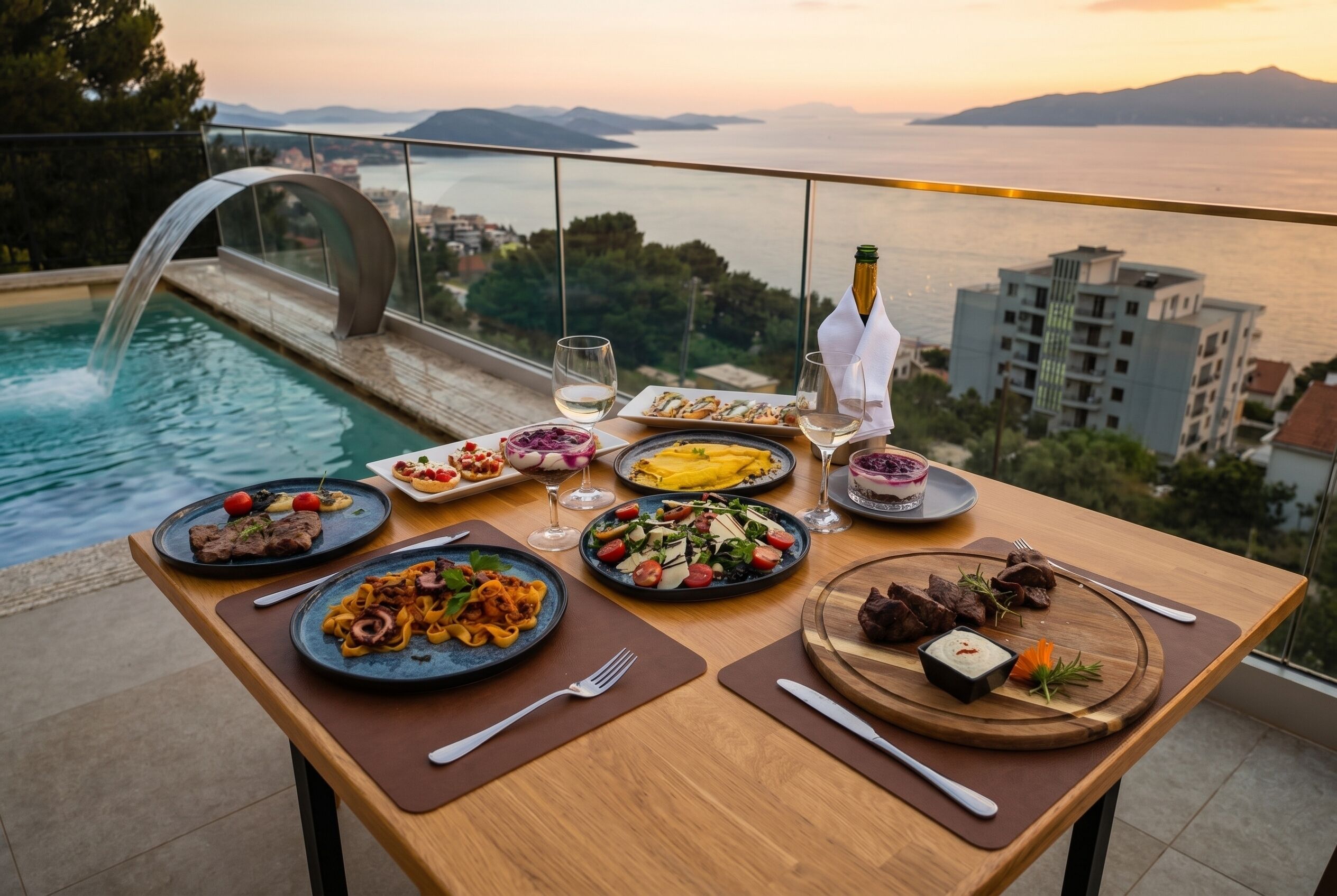 Mesa posta com diversos pratos, copos e uma garrafa de champanhe, com vista para uma piscina e uma paisagem cênica de um corpo d'água e edifícios.