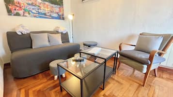 Apartamento básico, sacada, vista para o mar | Área de estar | TV de tela plana, brinquedos
