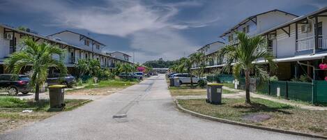 Rua residencial com casas de ambos os lados, carros estacionados e palmeiras.