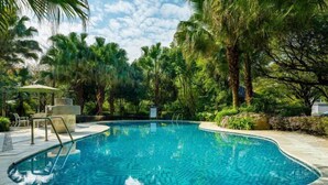Piscina de borda curva, rodeada por palmeiras e vegetação.