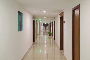 Um corredor longo e bem iluminado, com portas em ambos os lados, uma planta em vaso no centro e um lustre no teto.